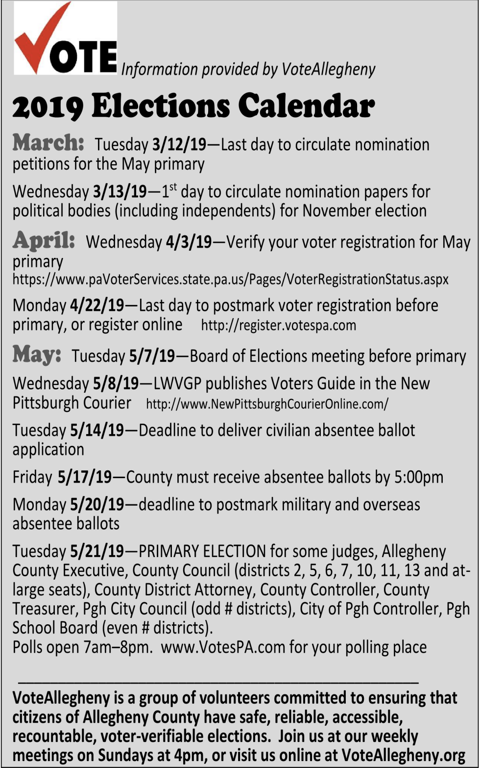 2019 Elections Calendar